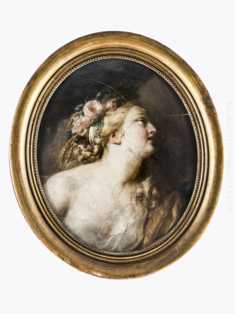"Flora", tempera ovale su carta con cornice dorata, attribuita a ...